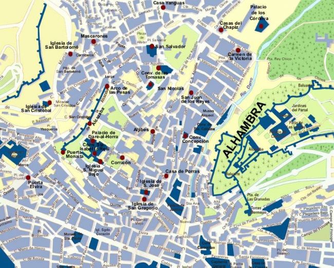 PLAN, STRASSENKARTE SKIZZEN ALHAMBRA GENERALIFE UND GRANADA ANDALUSIEN ...